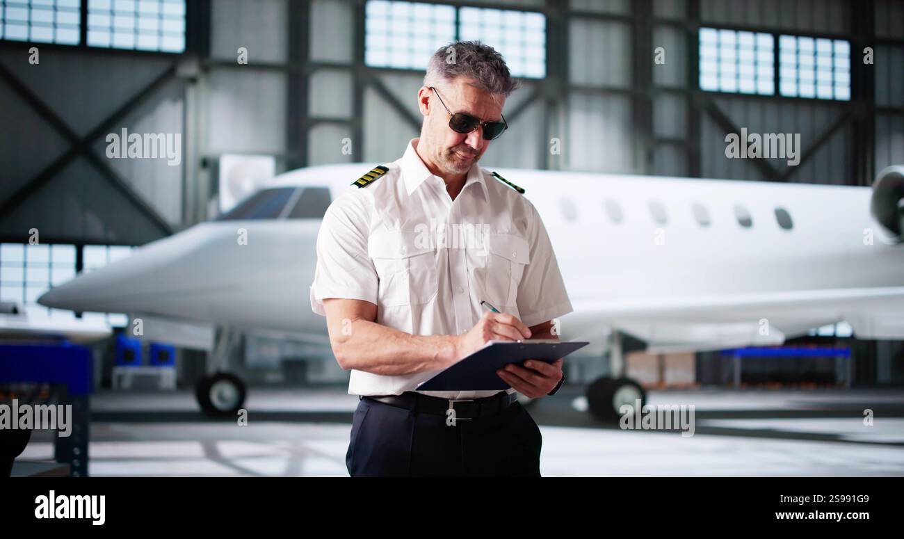 Airplane Captain Doing Checklist Befofe Flight. Aircraft Officer Stock ...