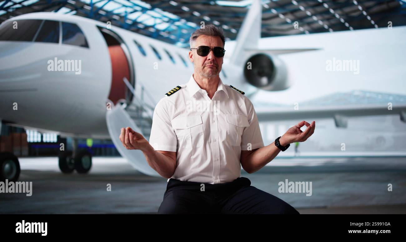 Air Plane Pilot Officer Doing Yoga Meditation Exercise And Praying ...