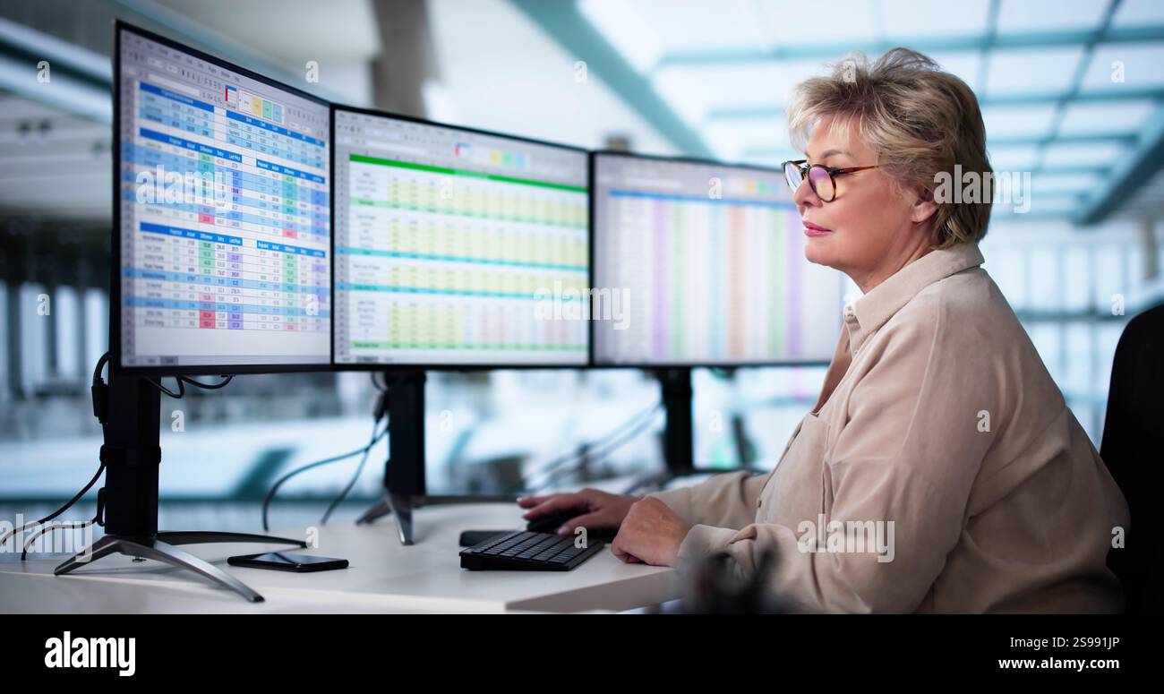 Computer Spreadsheet Data Analyst Woman Using Multiple Screens Stock ...
