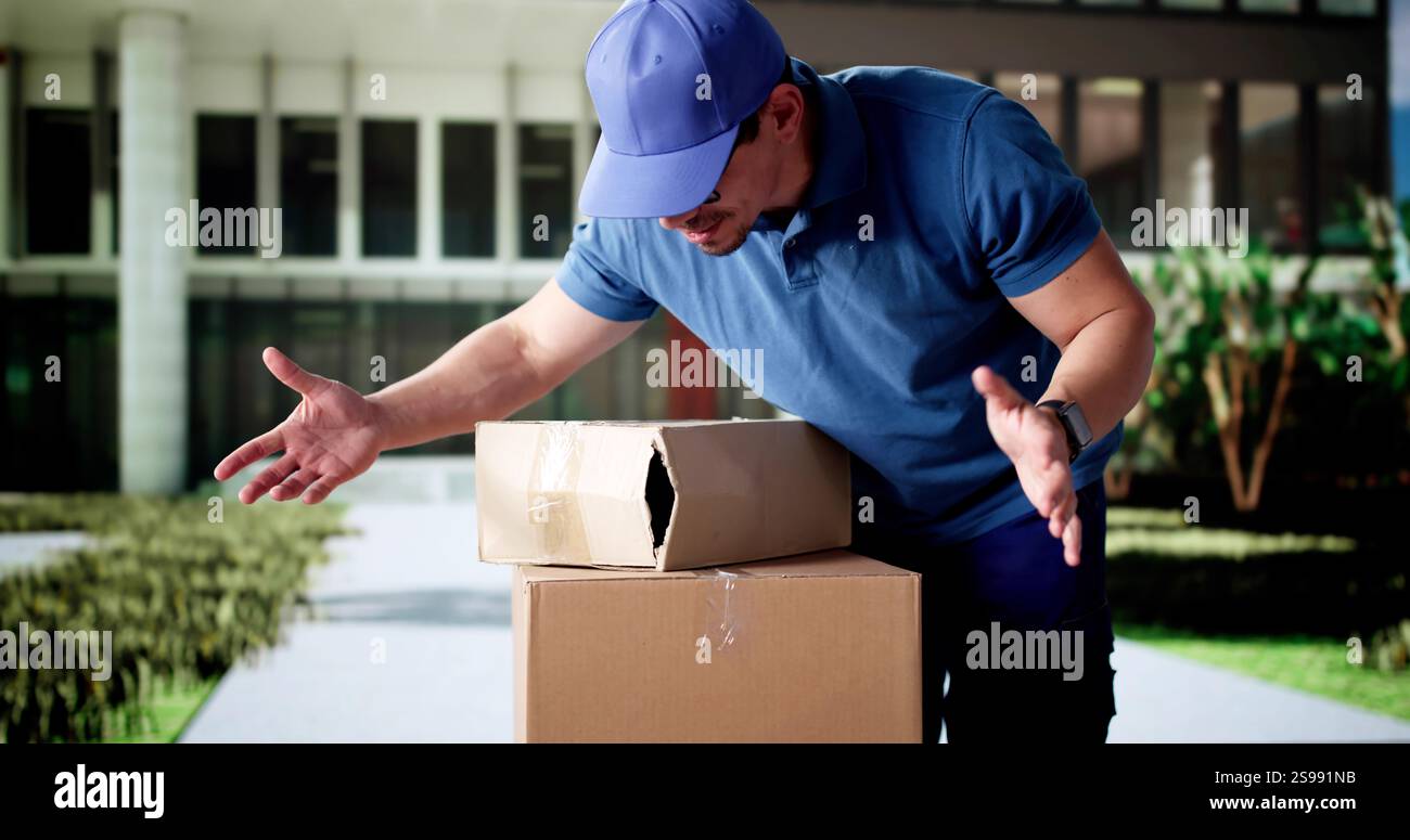 Careful mailman accidentally damages shipment box, showing bad delivery ...