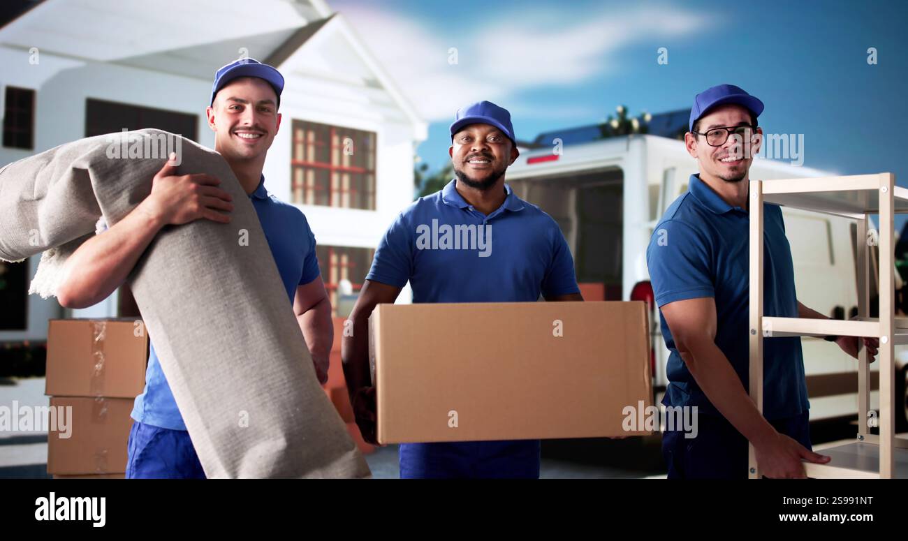 Professional movers efficiently unload furniture and carpet from ...