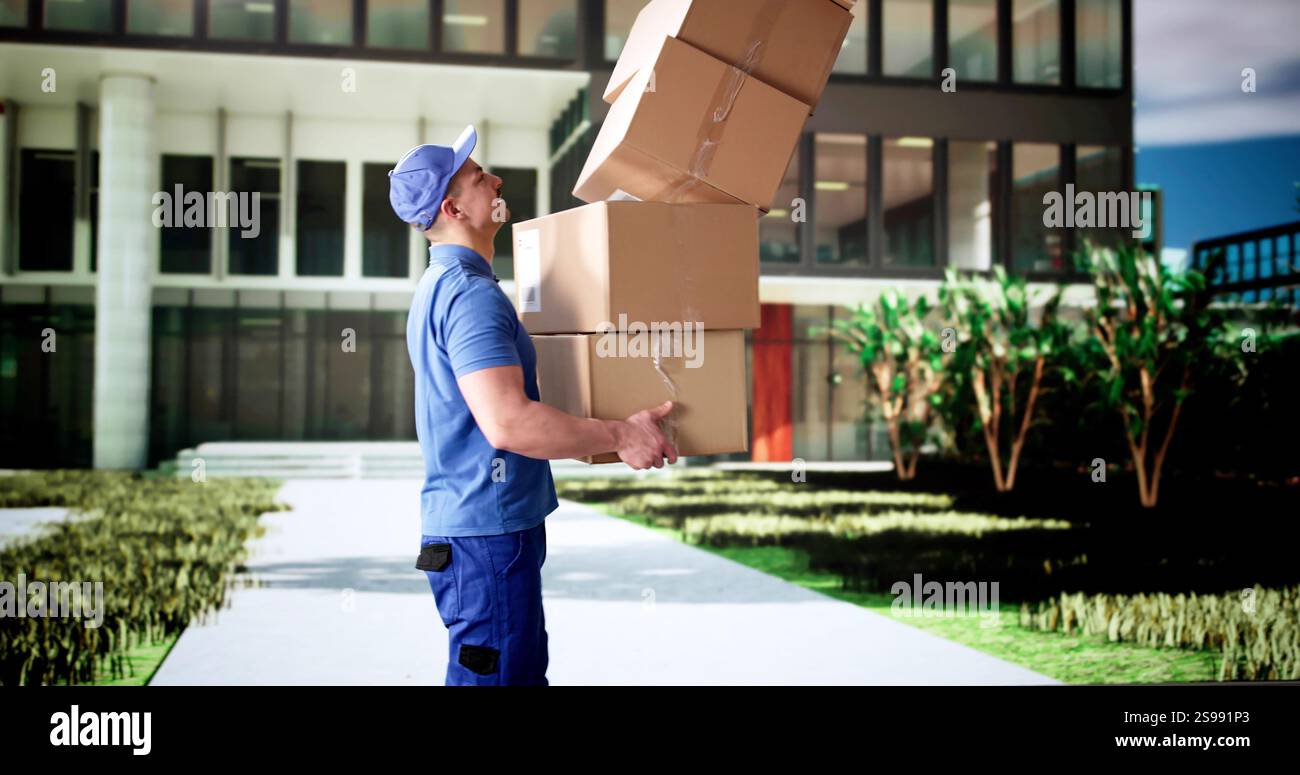 Delivery man carefully handling and dropping boxes, avoiding damage ...