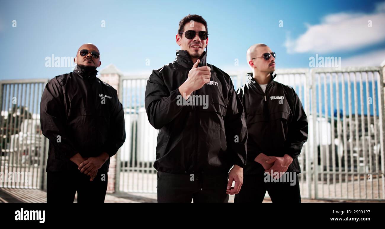 Security guard officer group at warehouse gate, diverse professionals ...