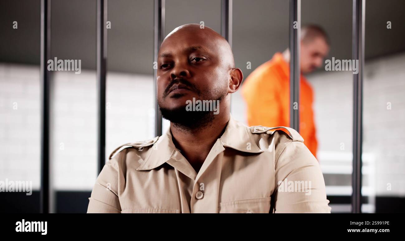 Hispanic police man in uniform guarding prison detention facility bars ...