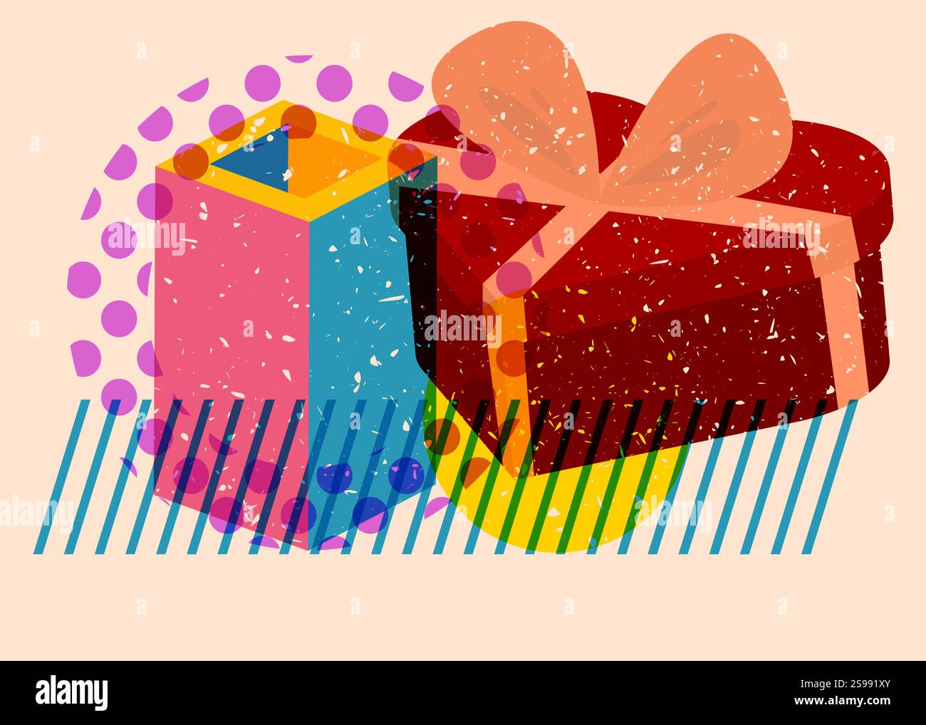 Risograph Heart shaped gift box with geometric shapes. Objects in ...