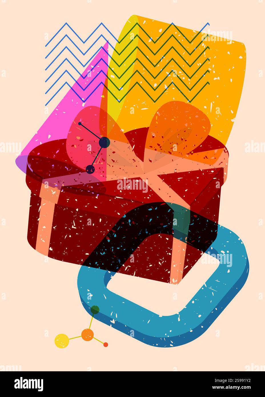 Risograph Heart shaped gift box with geometric shapes. Objects in ...