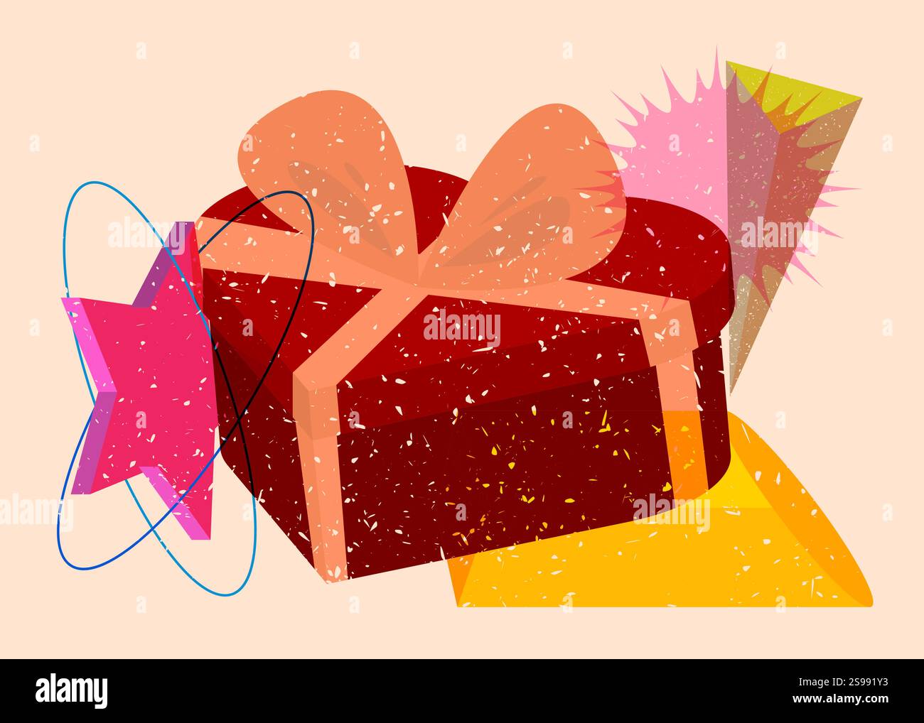 Risograph Heart shaped gift box with geometric shapes. Objects in ...