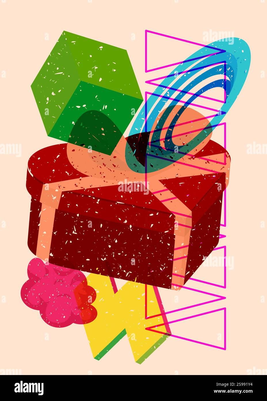 Risograph Heart shaped gift box with geometric shapes. Objects in ...