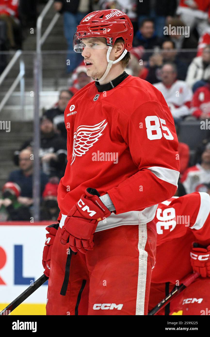 Detroit Red Wings left wing Elmer Soderblom (85) watches during the third period of an NHL ...