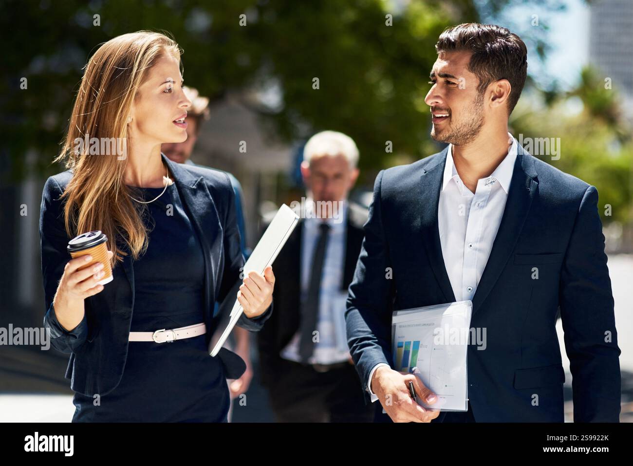 City, coffee and walking with business people outdoor for travel to ...