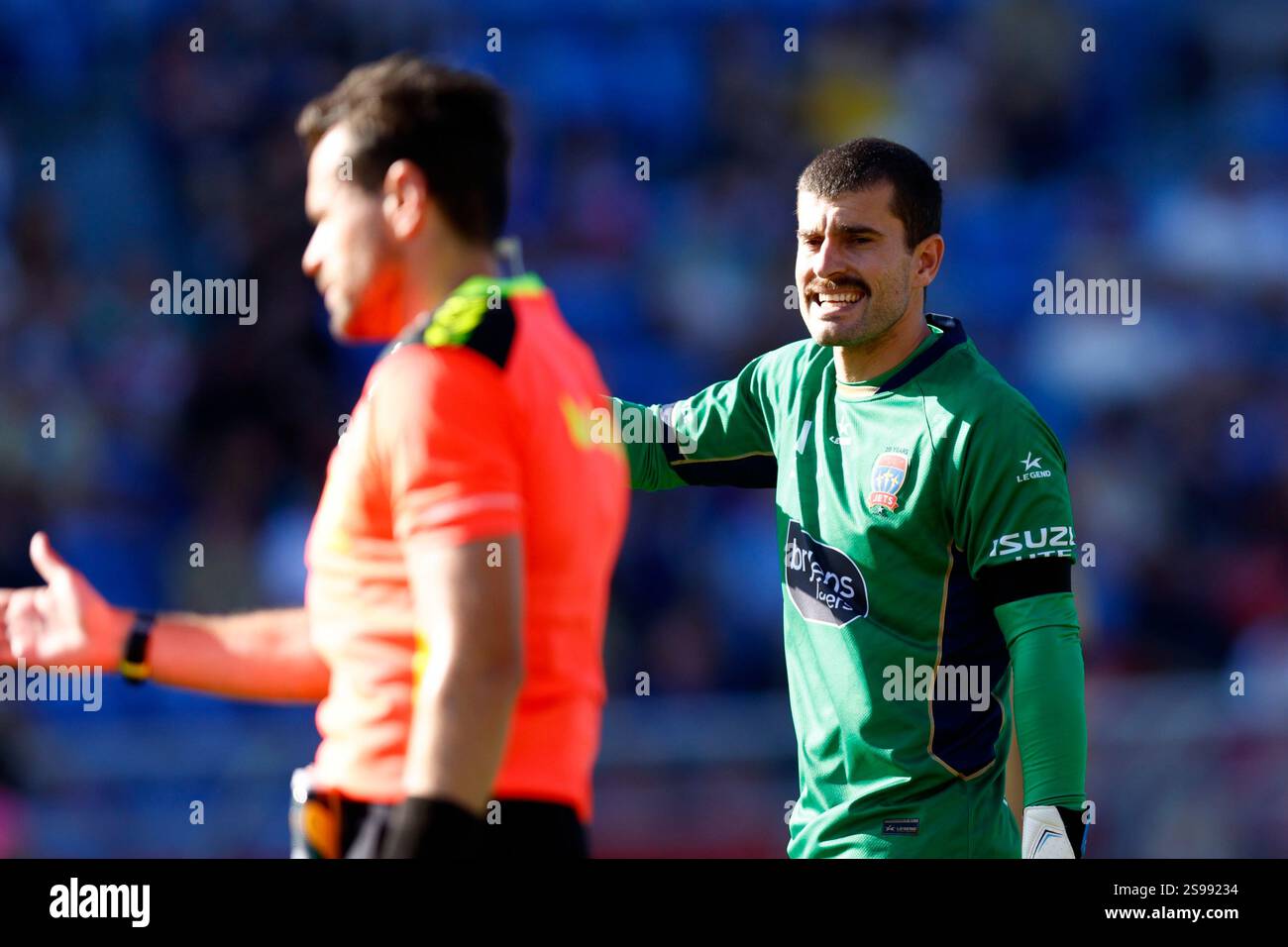 Ryan Scott of The Jets pleads to Match Official Shaun Evans during the ...