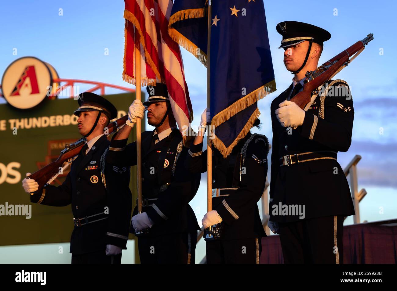 56th Fighter Wing Honor Guard Airmen stand in formation, Jan. 17, 2025 ...