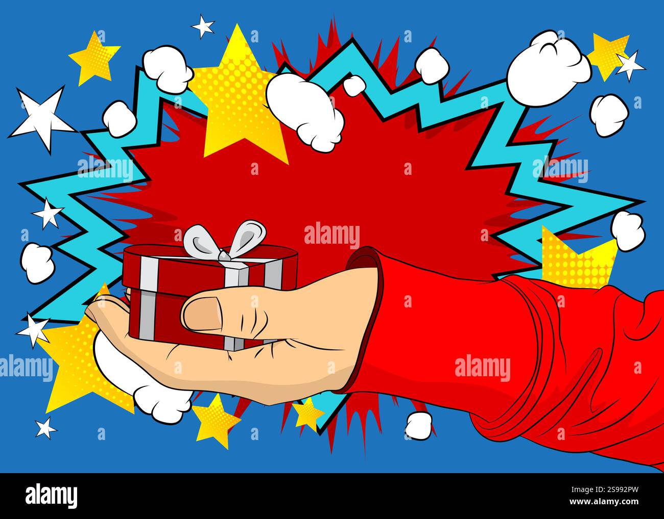 Cartoon, comic book human hands holding Valentine day gift box. Retro ...