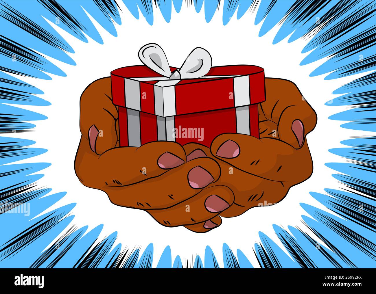 Cartoon, comic book human hands holding Valentine day gift box. Retro ...