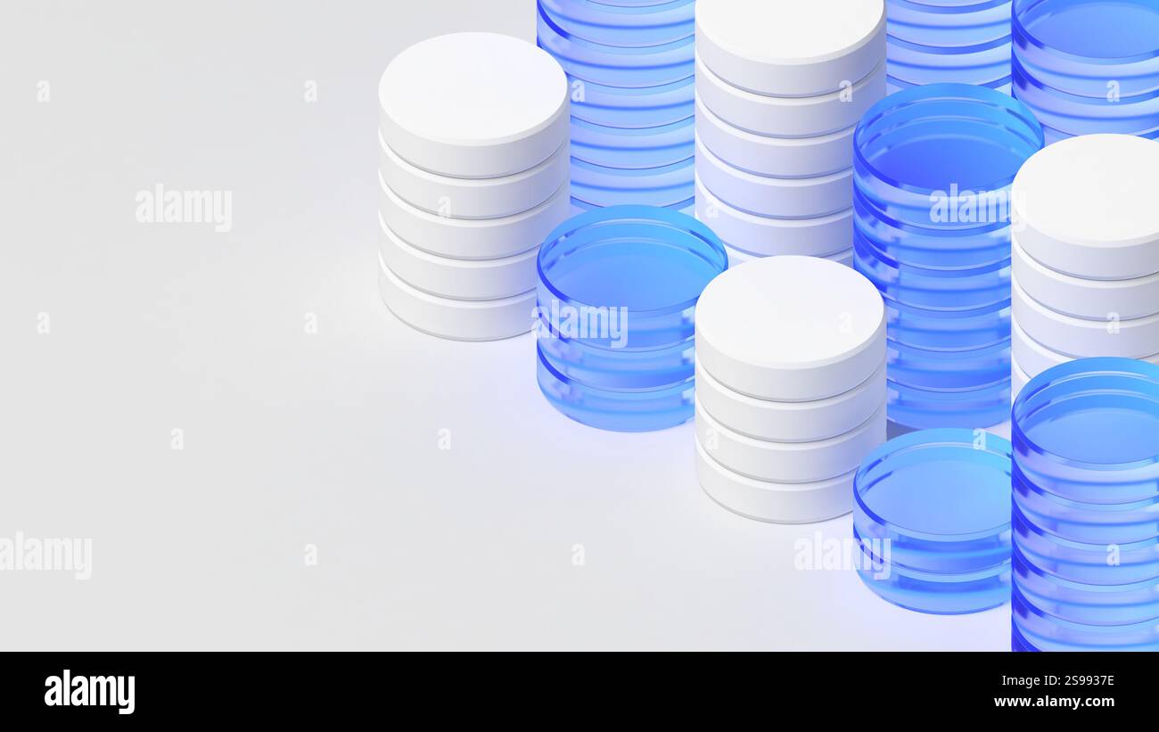 Abstract geometric disks on gray background. White and blue color. Copy space. Solid and ...