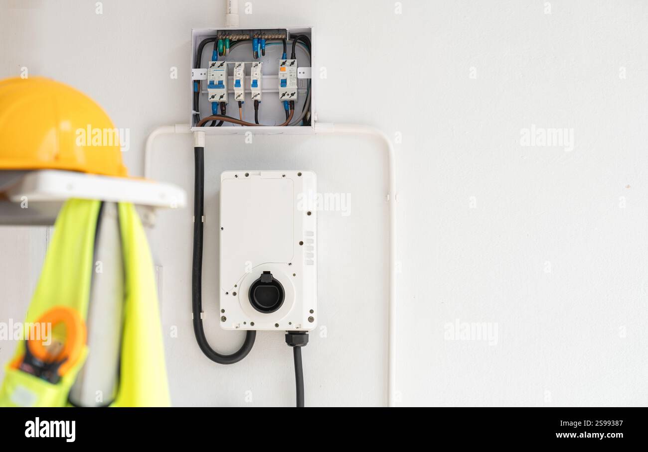 blur Yellow helmet and reflective vest with an EV wall charger system ...