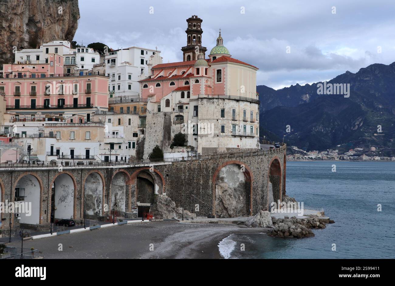 Atrani - Chiesa di Santa Maria Maddalena dalla strada costiera Stock ...