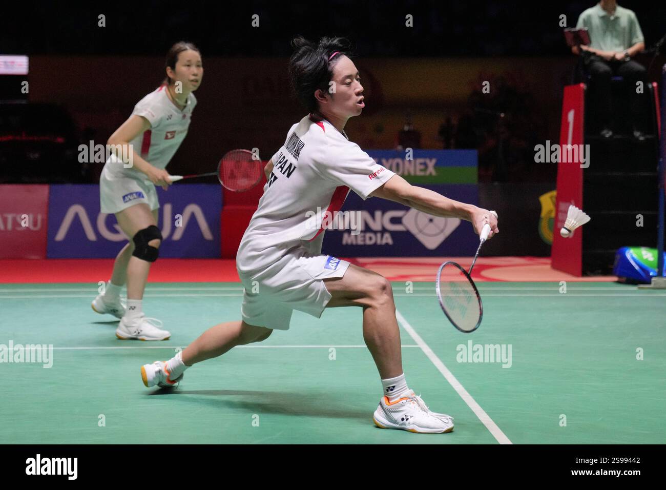 Hiroki Midorikawa, right, and Natsu Saito of Japan play against Rinov ...
