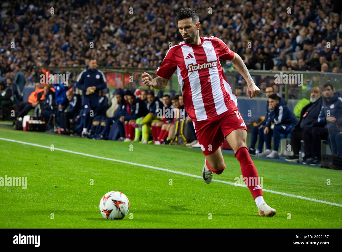 Kristoffer Velde for Olympiacos seen in action during the Europe League ...