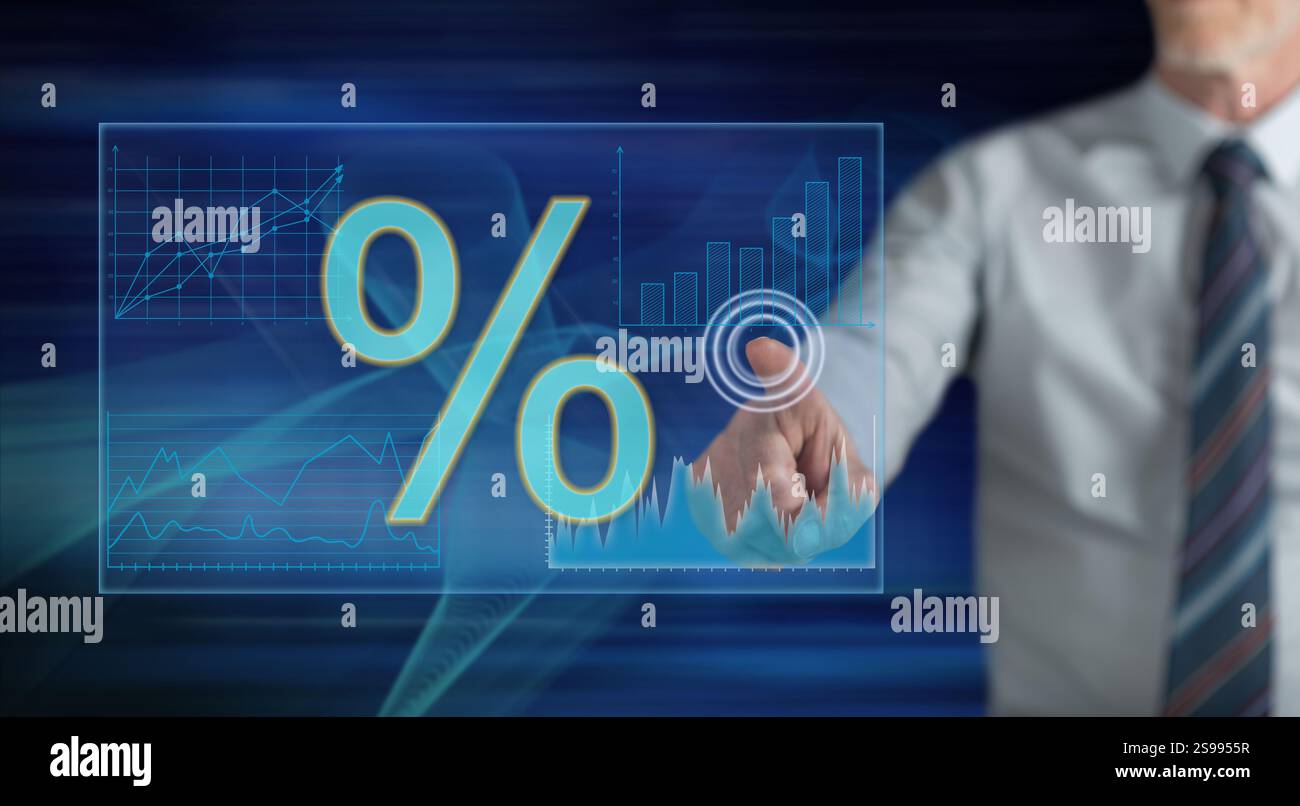 Man touching digital interest rates data on a touch screen with his ...