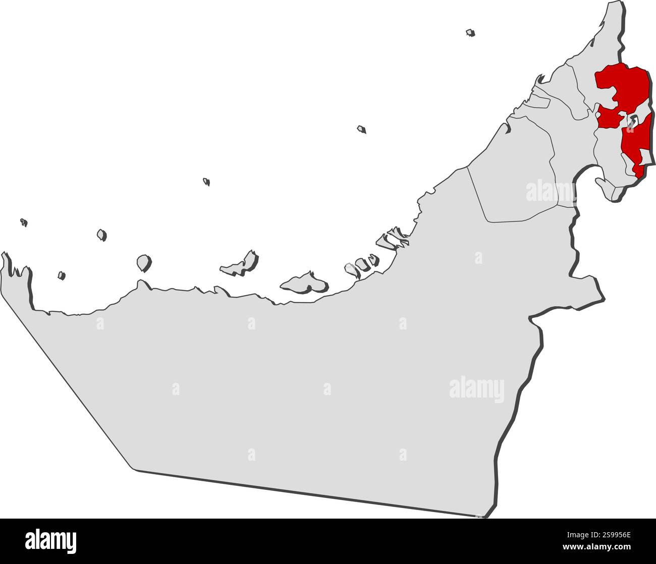 Map of United Arab Emirates with the provinces, Fujairah is highlighted ...