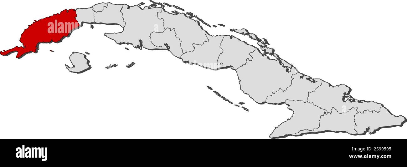 Map of Cuba with the provinces, Pinar del Río is highlighted Stock ...