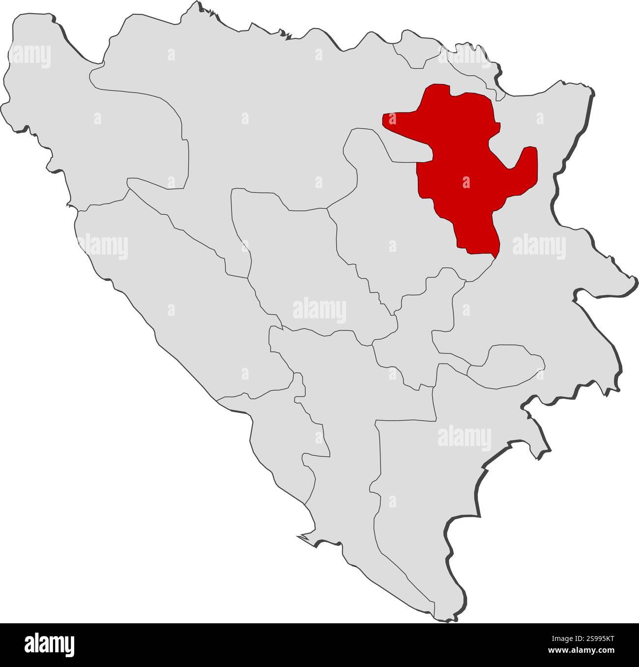 Map of Bosnia and Herzegovina with the provinces, Tuzla is highlighted ...