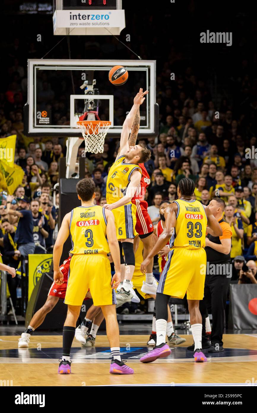 Berlin, Germany. 24th, January 2025. Malthe Delow (6) of ALBA Berlin ...