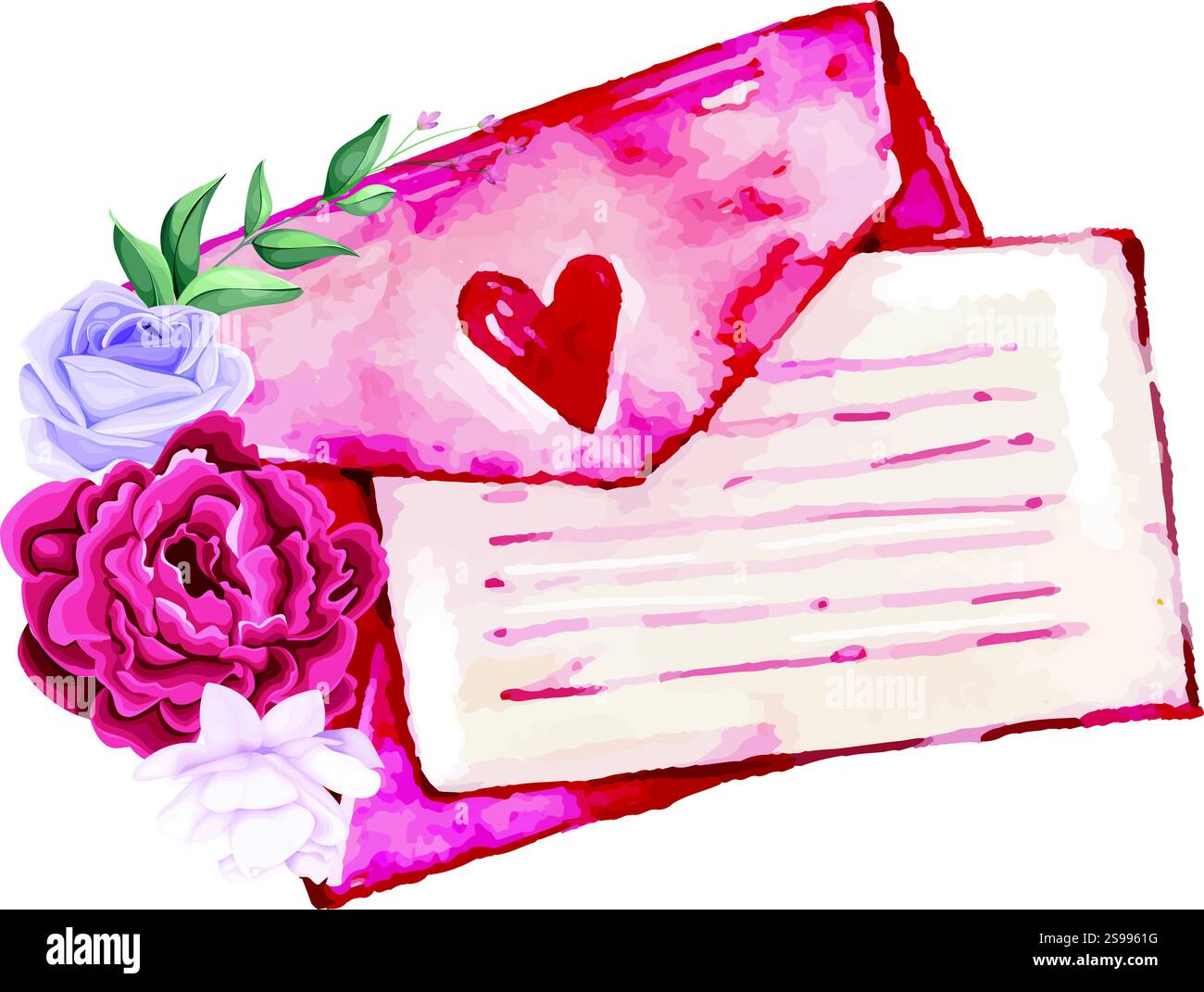 Valentine love letter watercolor concept with heart and flowers, cute ...