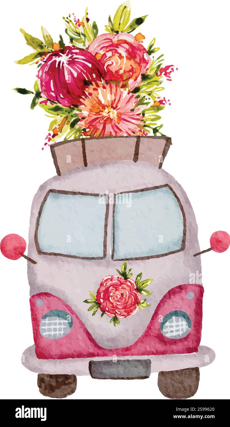 Watercolor pink van with flowers roses Valentine's day truck, Valentine ...