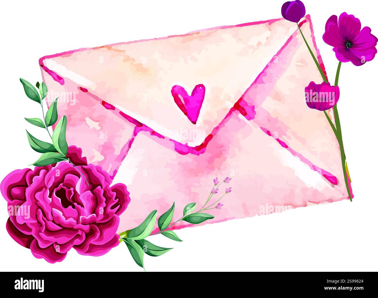 Valentine love letter watercolor concept with heart and flowers, cute ...