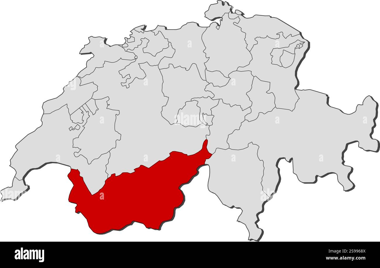 Map of Swizerland with the provinces, Valais is highlighted Stock ...