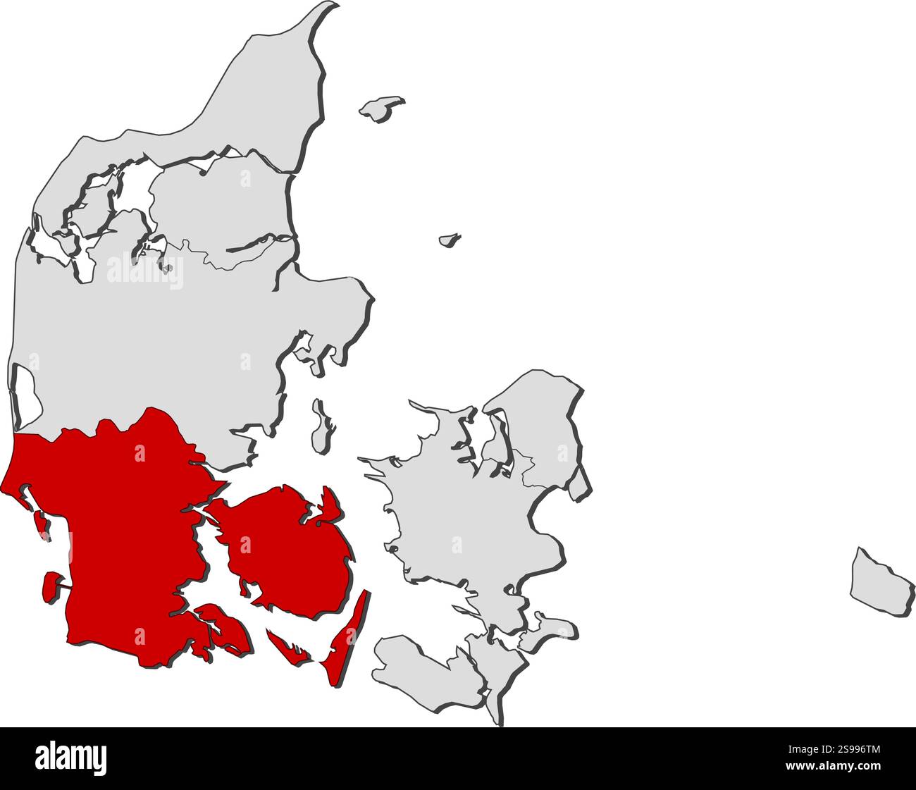 Map of Danmark with the provinces, South Denmark is highlighted Stock ...