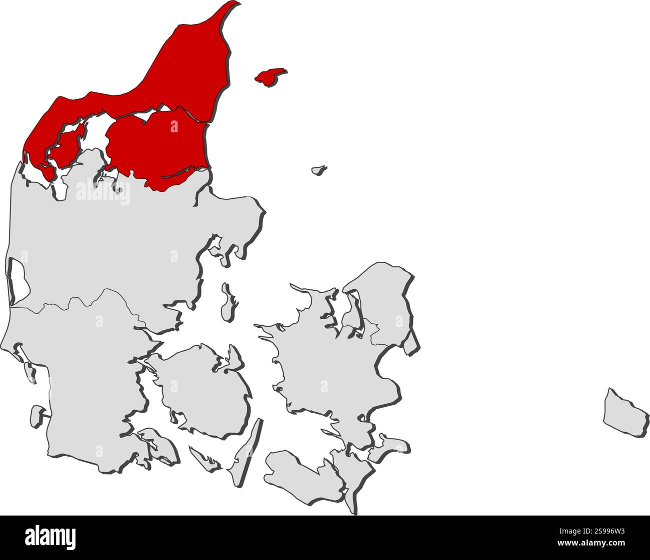 Map of Danmark with the provinces, North Denmark is highlighted Stock ...