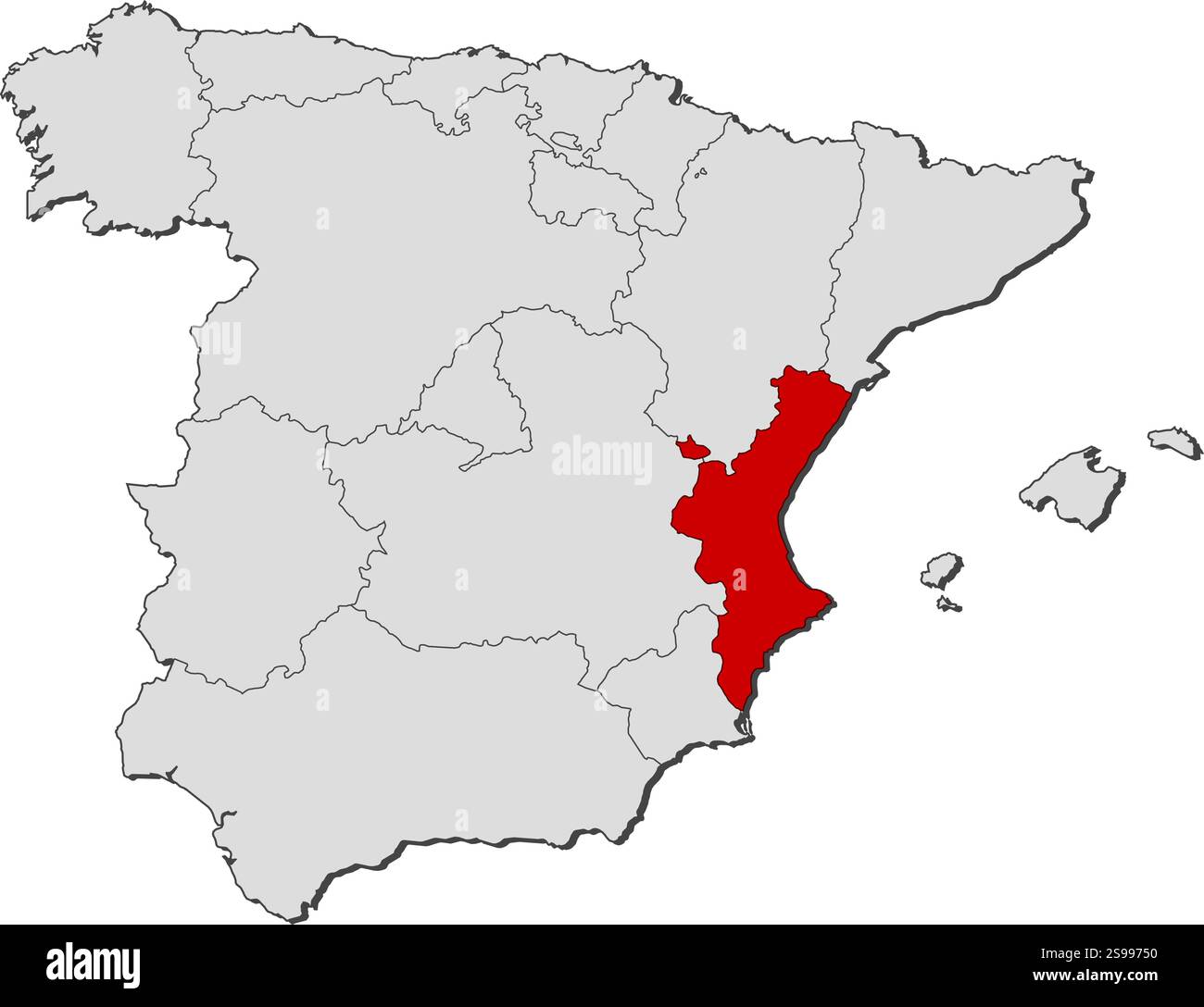 Map of Spain with the provinces, Valencian Community is highlighted ...