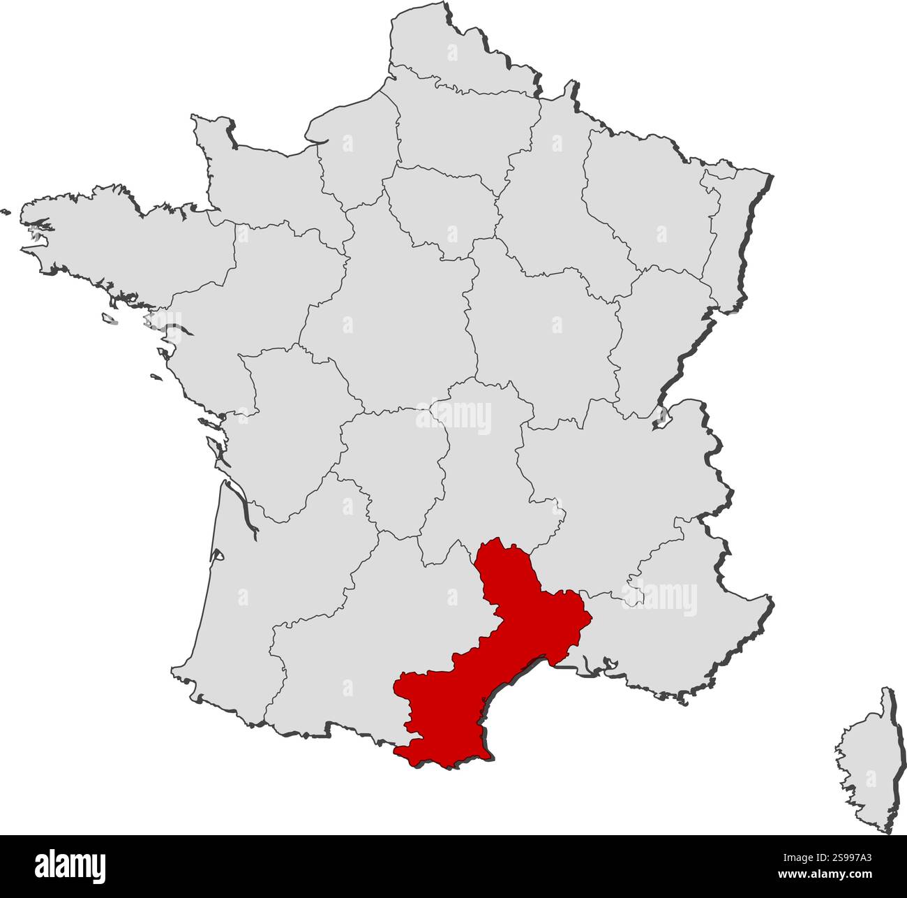 Map of France with the provinces, Languedoc-Roussillon is highlighted ...