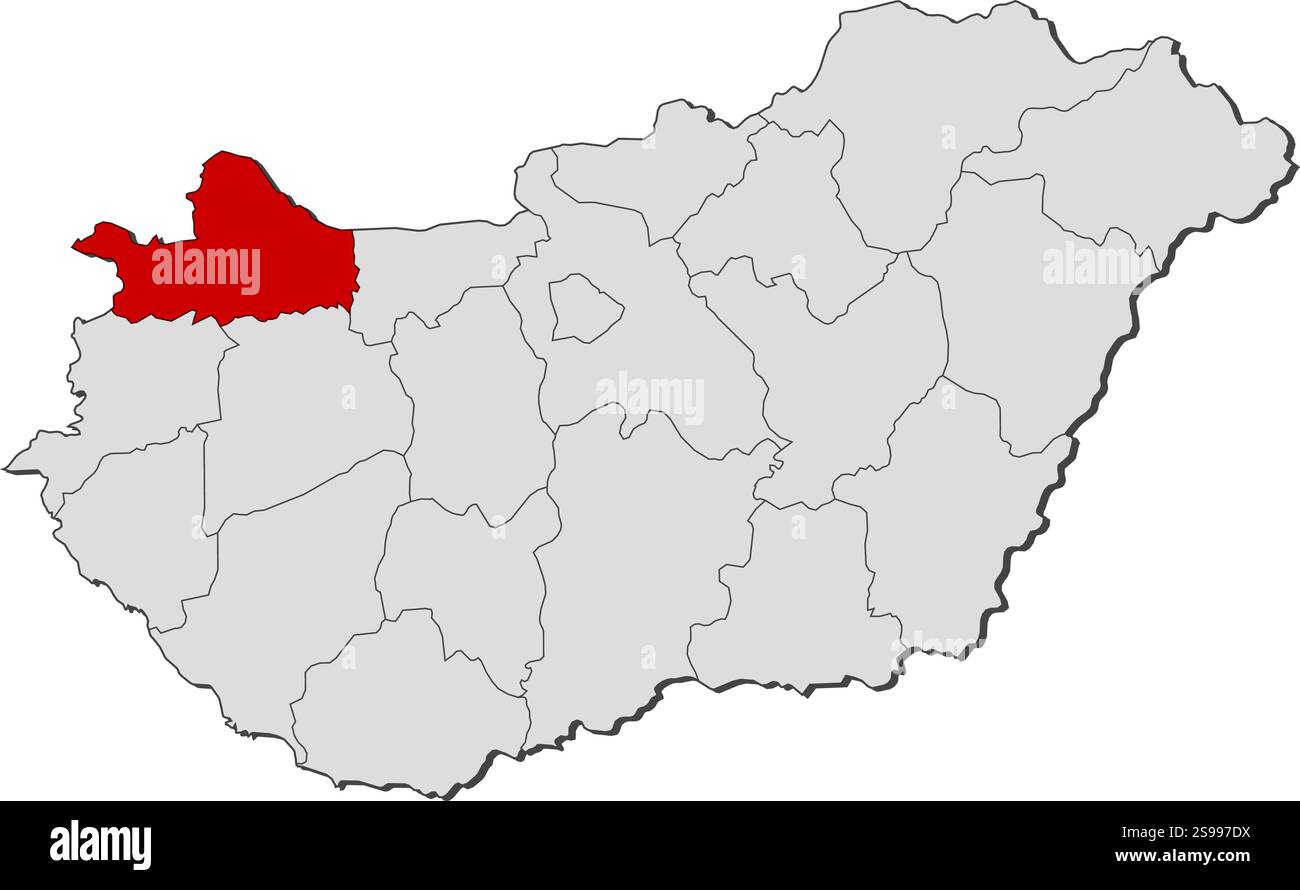 Map of Hungary with the provinces, Györ-Moson-Sopron is highlighted ...