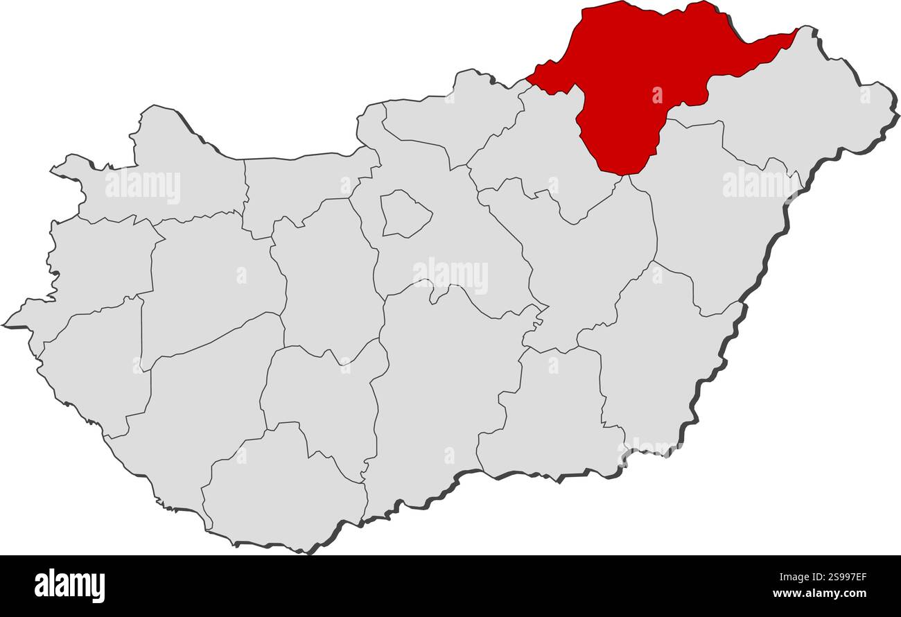 Map of Hungary with the provinces, Borsod-Abaúj-Zemplén is highlighted ...