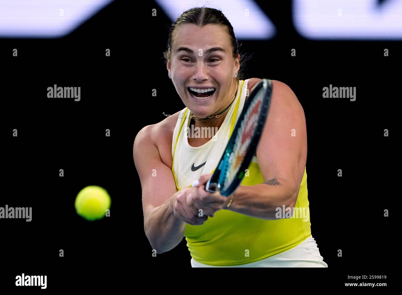 Aryna Sabalenka of Belarus plays a backhand return Madison Keys of the ...