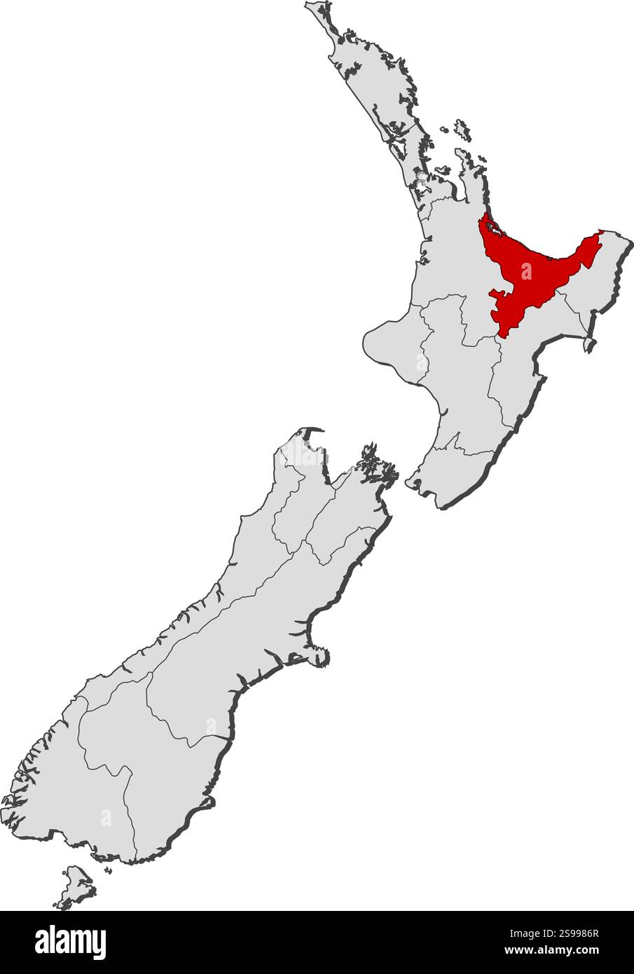 Map of New Zealand with the provinces, Bay of Plenty is highlighted ...