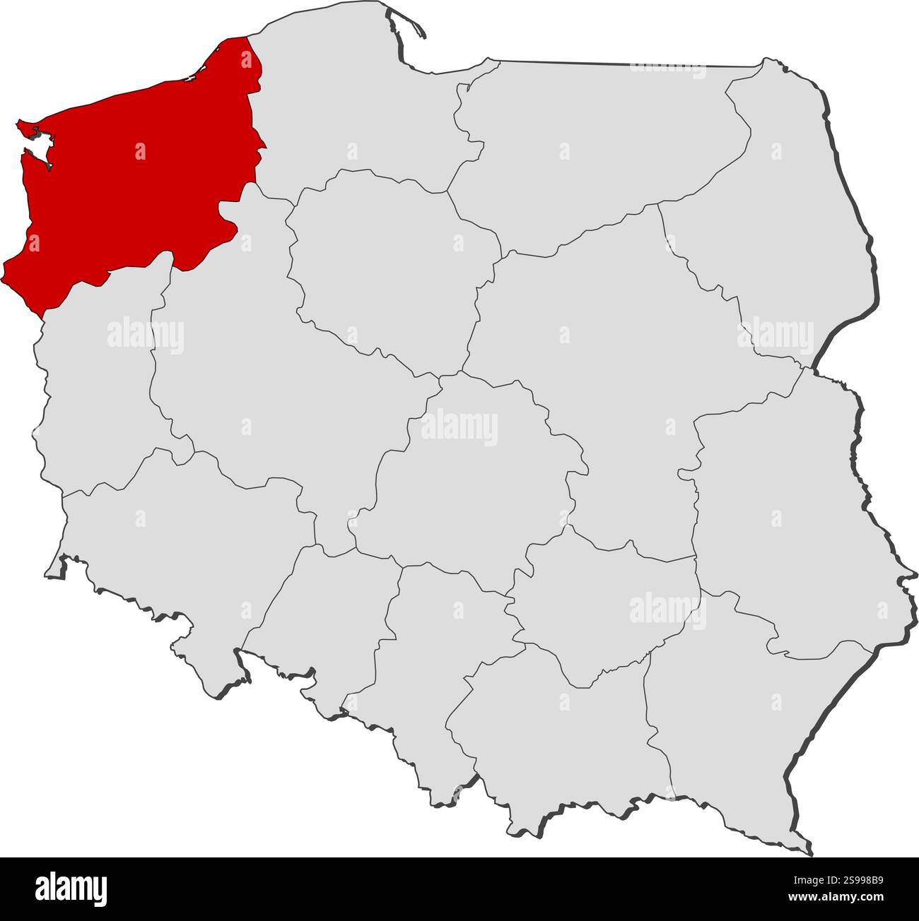 Map of Poland with the provinces, West Pomeranian is highlighted Stock ...