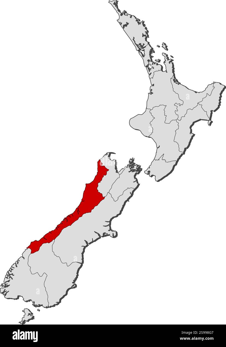 Map of New Zealand with the provinces, West Coast is highlighted Stock ...