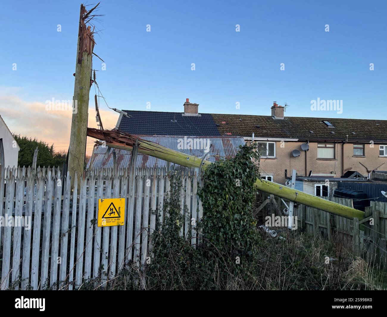 A broken telegraph pole in Culcavy in Co Down after Storm Eowyn left ...