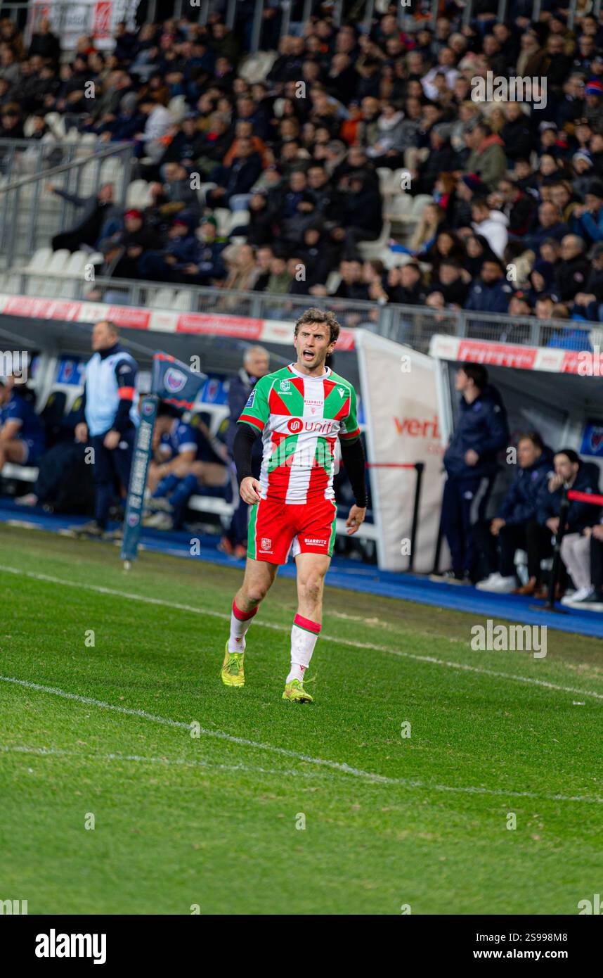 in action during 2nd Division French Rugby Championship game between ...