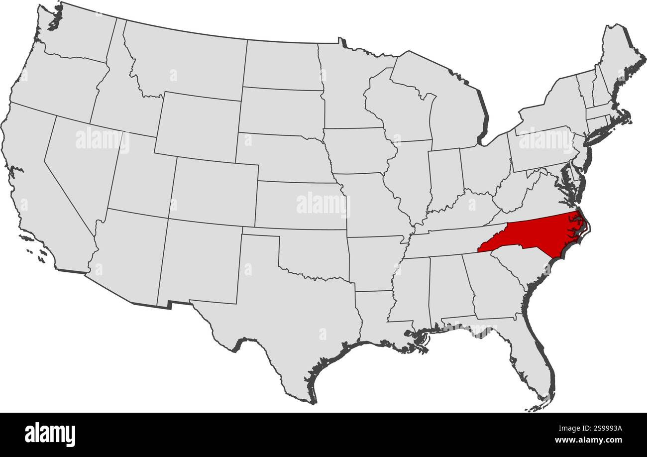 Map of United States with the provinces, North Carolina is highlighted ...