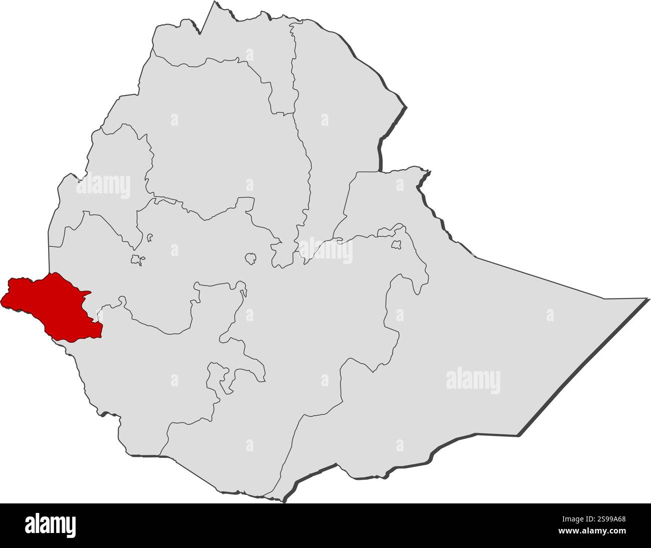 Map of Ethiopia with the provinces, Gambela is highlighted Stock Vector ...