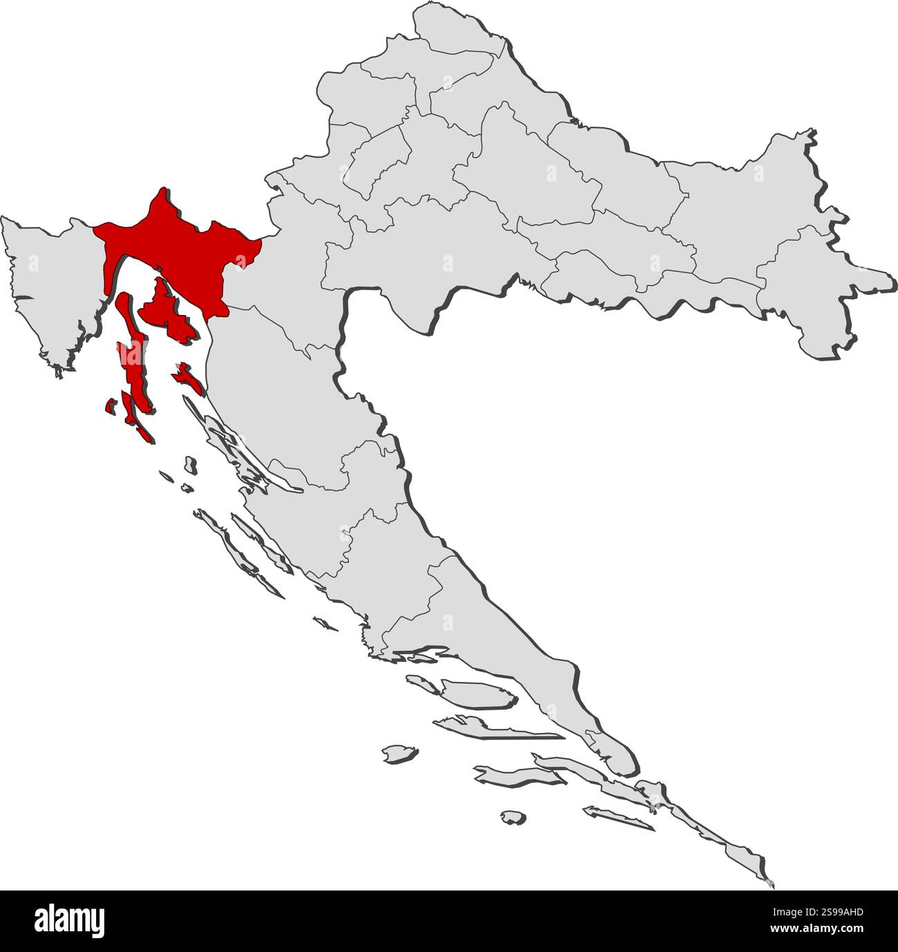 Map of Croatia with the provinces, Primorje-Gorski Kotar is highlighted ...