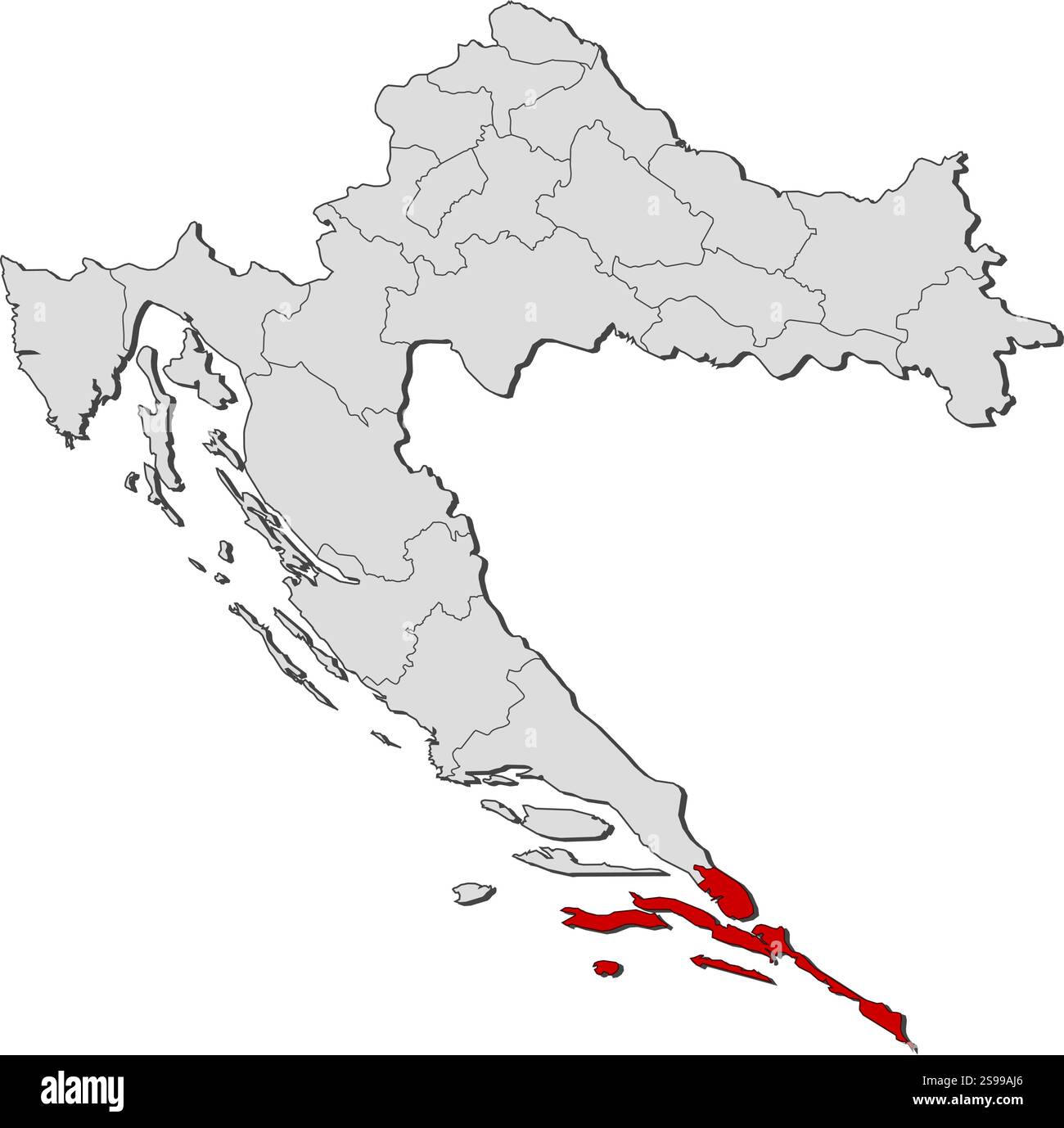 Map of Croatia with the provinces, Dubrovnik-Neretva is highlighted ...