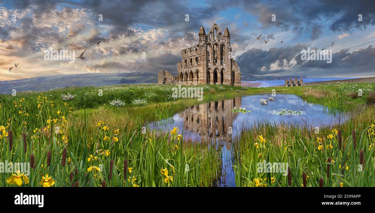 Picturesque gothic medieval ruins of Whitby Abbey, North Yorkshire ...