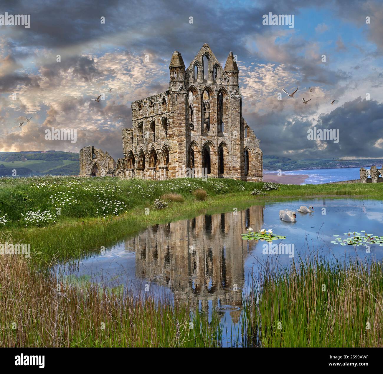 Picturesque gothic medieval ruins of Whitby Abbey, North Yorkshire ...